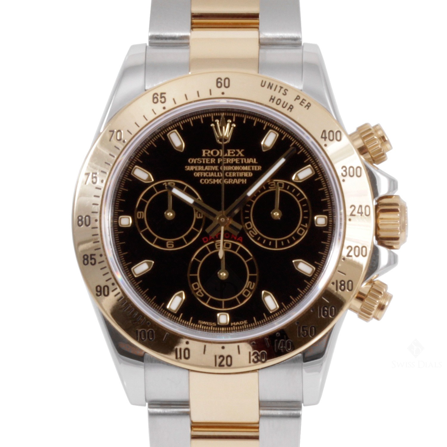 Men's Rolex Daytona Steel and Gold Watch Black Dial Tachymeter Engraved ...